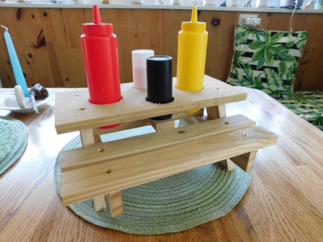Wood Picnic Table Condiment Holder Complete With Salt, Pepper, Mustard ...
