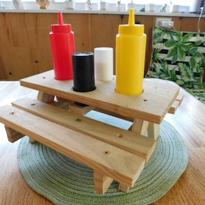 Wood Picnic Table Condiment Holder Complete With Salt, Pepper, Mustard ...
