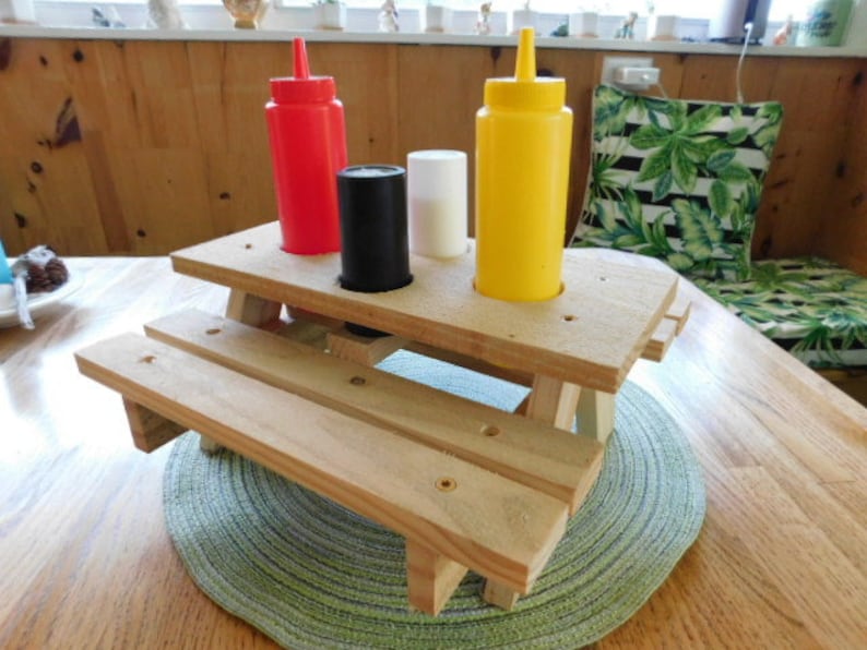 Wood Picnic Table Condiment Holder Complete With Salt, Pepper, Mustard ...