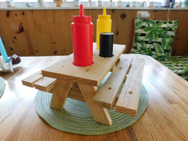 Wood Picnic Table Condiment Holder Complete With Salt, Pepper, Mustard ...
