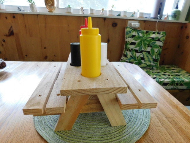 Wood Picnic Table Condiment Holder Complete With Salt, Pepper, Mustard ...