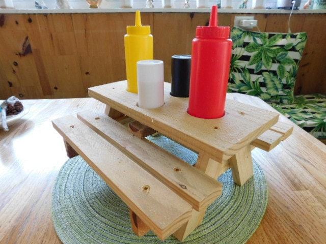 Wood Picnic Table Condiment Holder Complete With Salt, Pepper, Mustard ...