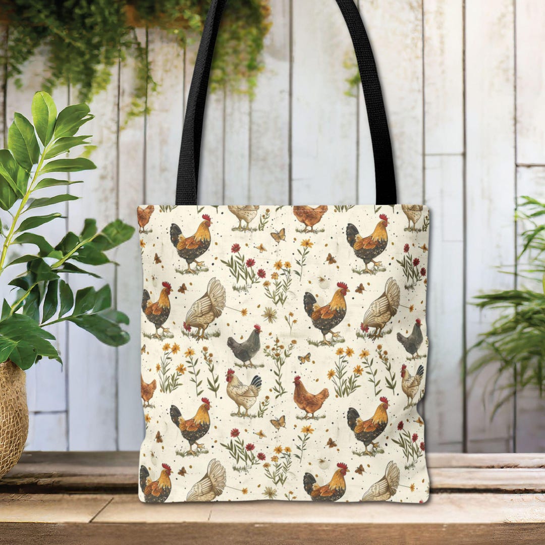 Chicken Tote Bag Hens and Roosters Chicken Book Bag Wildflowers Grocery ...