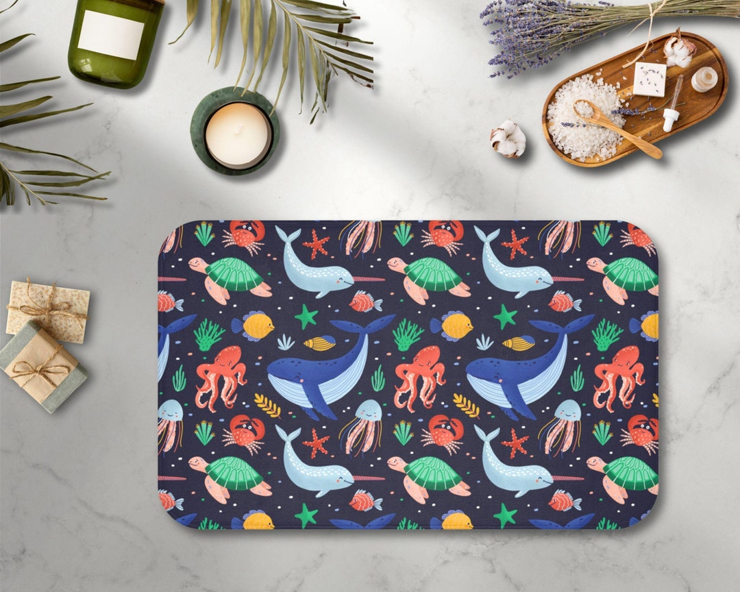 Whale and Sea Life Bath Mat Children Bathroom Octopus Sea Turtle Rug ...