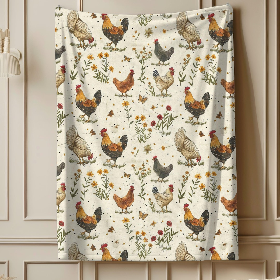 Chickens Blanket, Hens and Roosters Wildflowers Farmhouse Style Design ...