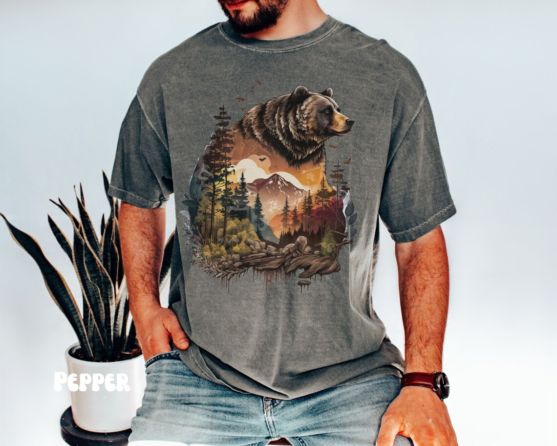 Grizzly Bear Shirt, Bear Watercolor Forest Mountain Scene Shirts ...