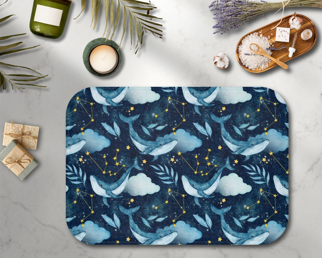 Whale Bath Mat Celestial Whales and Stars Blue Bath Rug Housewarming ...