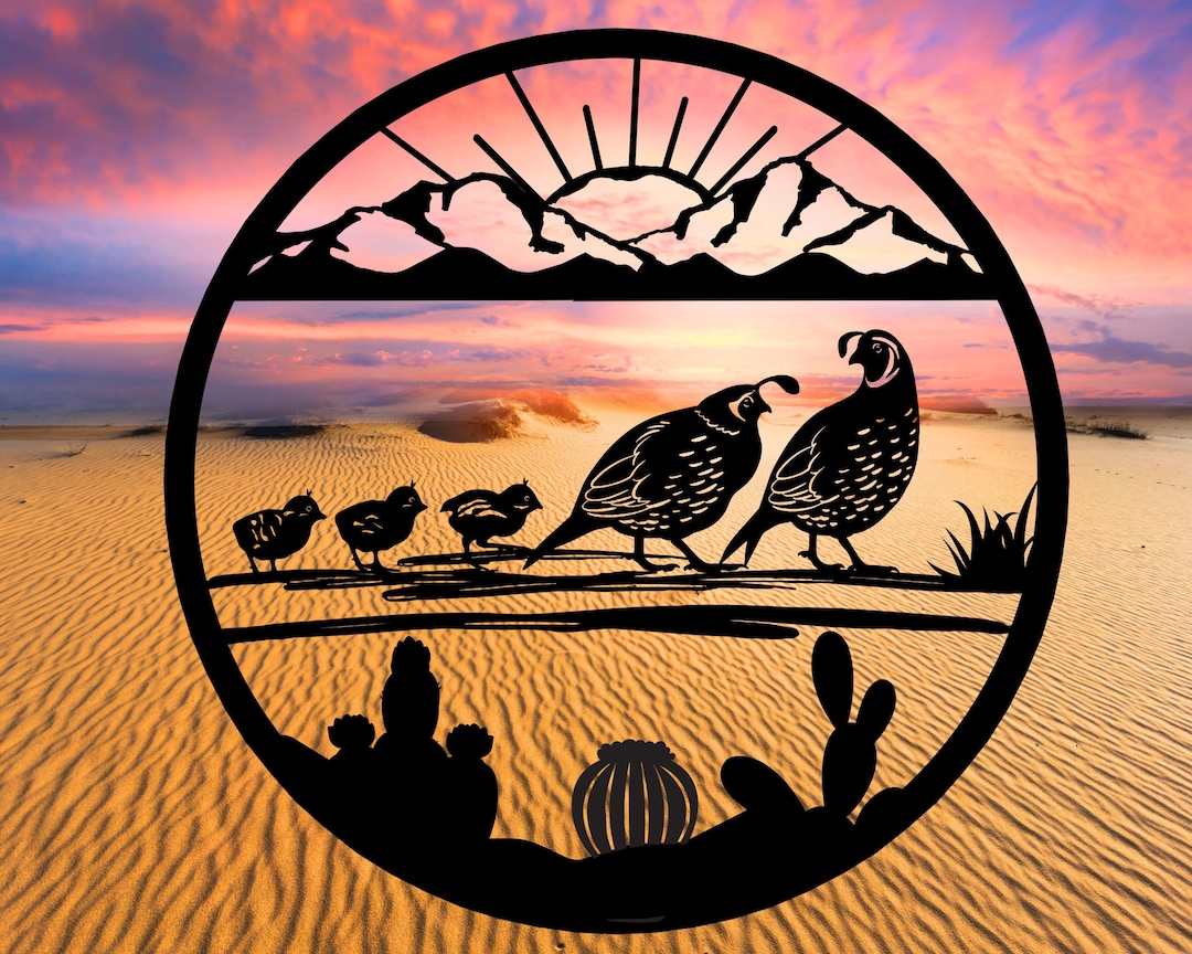 Quail Family Wall Art, Desert Sunset Metal Sign, Baby Quail With Mom ...