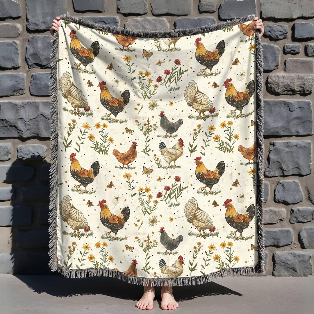 Chickens Woven Blanket, Hens and Roosters Wildflowers Rustic Country ...