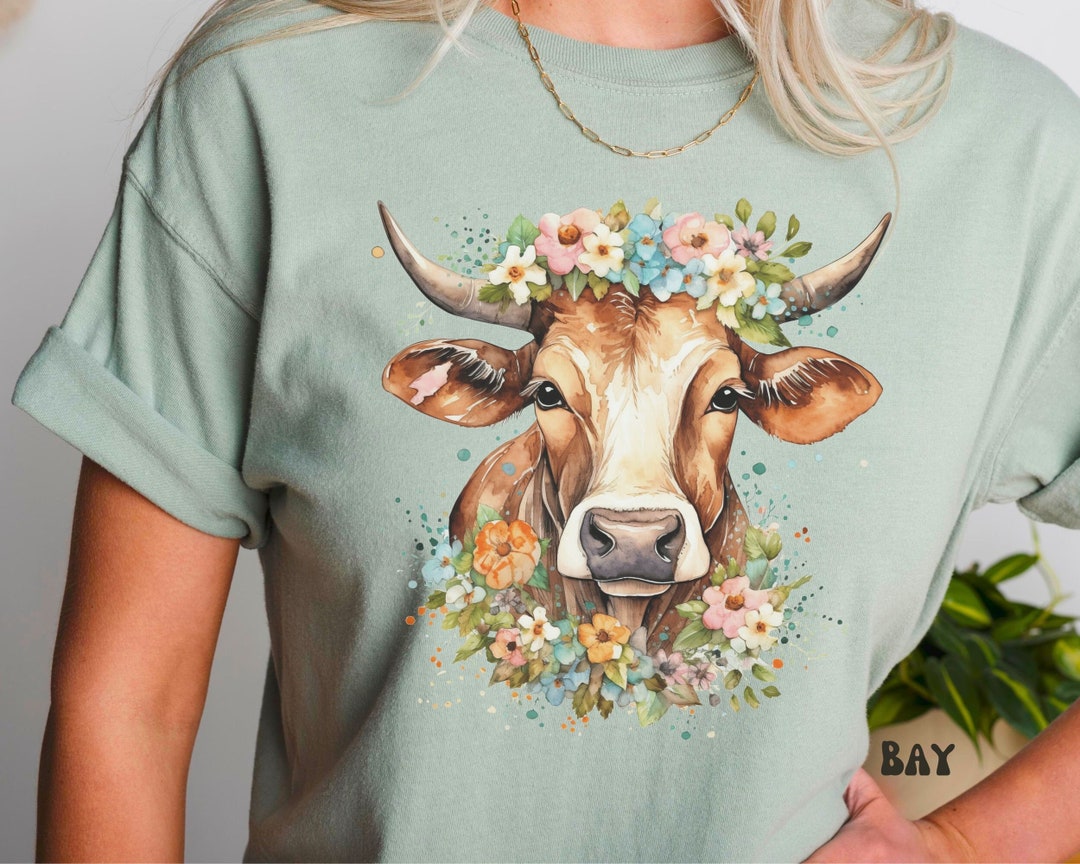 Floral Cow T-shirt, Western Animal Shirt, Summer Gift for Women, Cute ...