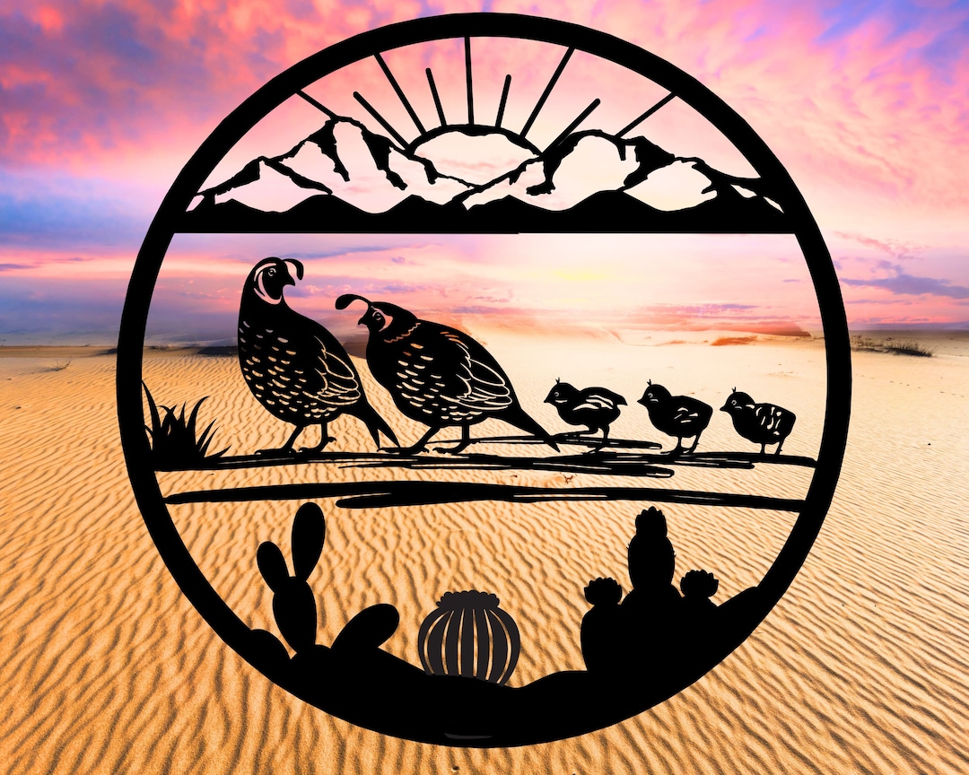 Quail Family Wall Art, Desert Sunset Metal Sign, Baby Quail With Mom ...
