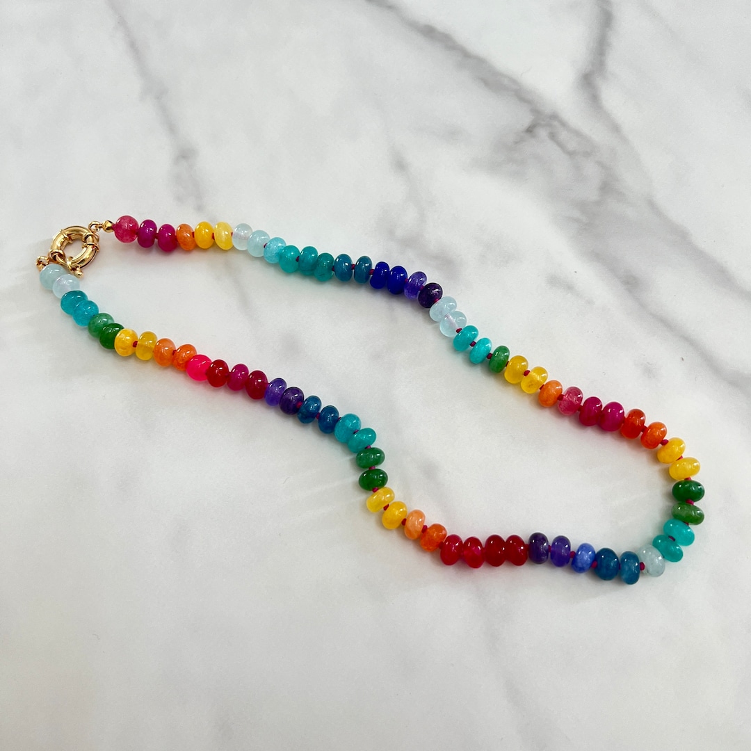 Rainbow Jade Gemstone Necklace: Hand Knotted, 14K Gold Filled Clasp - Etsy