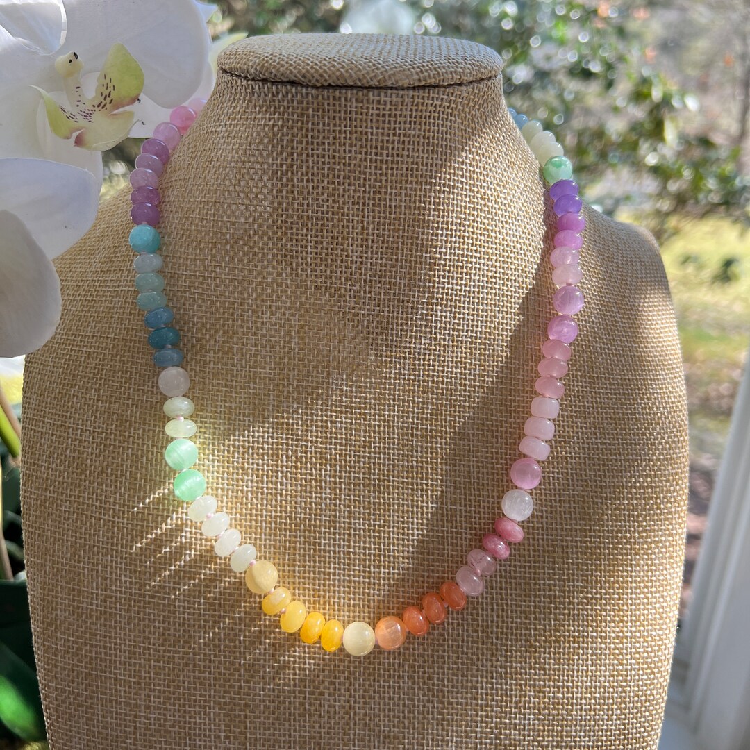 Pastel Rainbow Jade Gemstone Hand Knotted Bead Necklace, Fairy Core ...