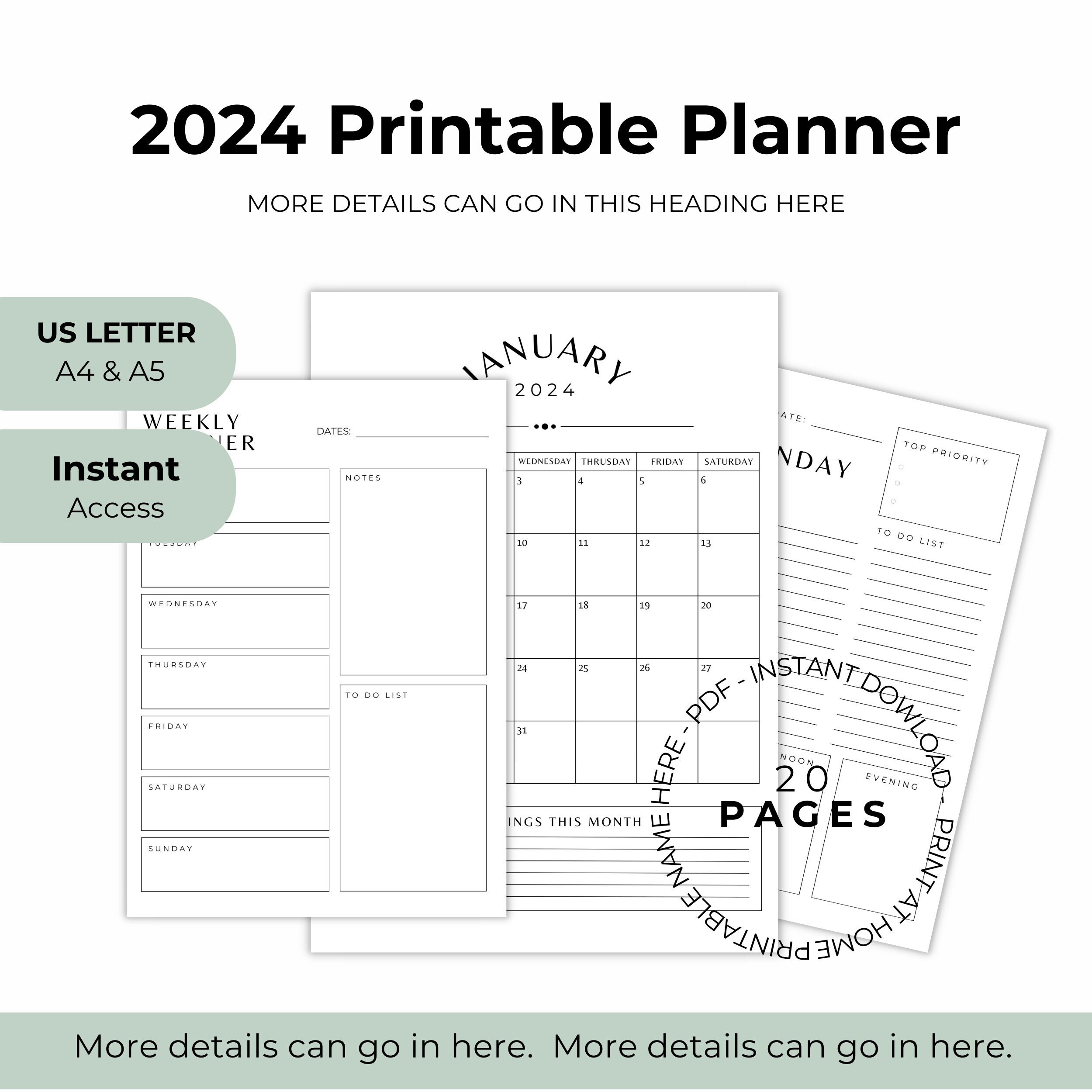 Printable Planner 2024, PDF, Digital Download, Yearly, Weekly, Daily ...