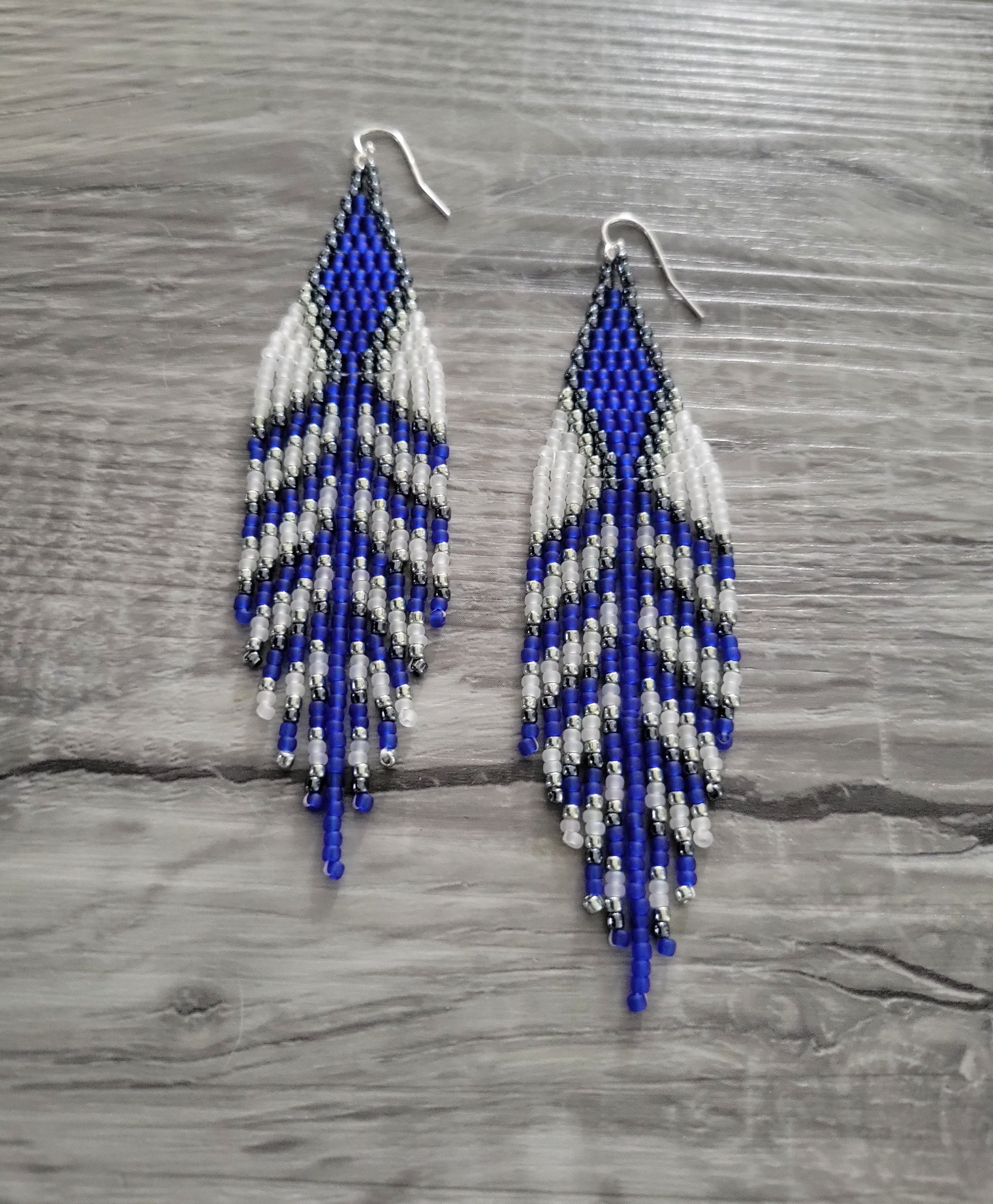 Metis Flag Beaded Earrings: Sterling Silver, Indigenous Feather Fringe ...