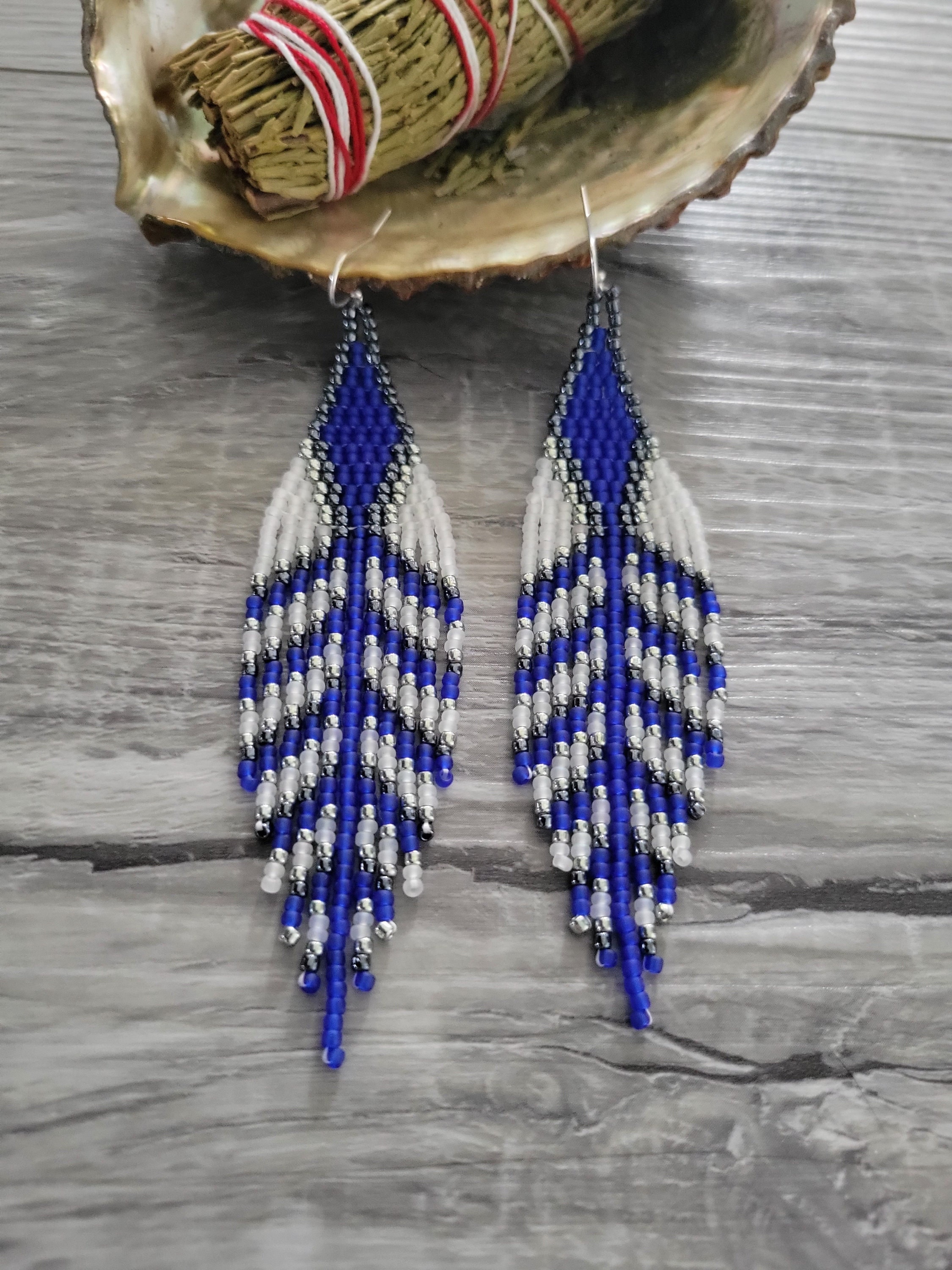 Metis Flag Beaded Earrings: Sterling Silver, Indigenous Feather Fringe ...