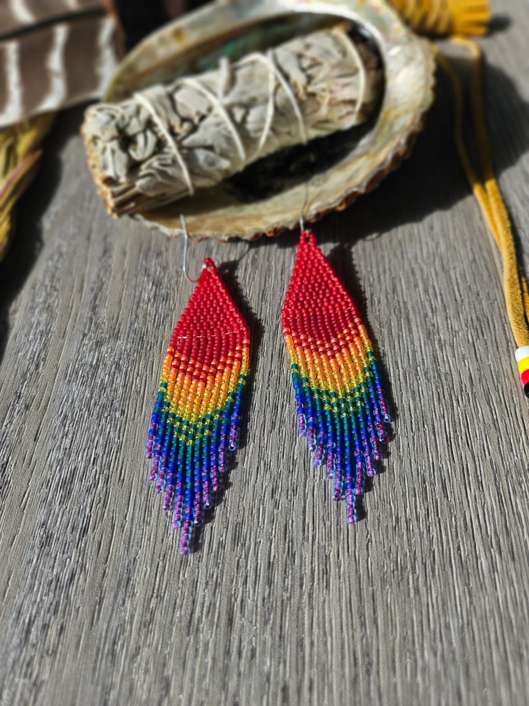 Rainbow Indigenous Beaded Fringe Earrings - Etsy
