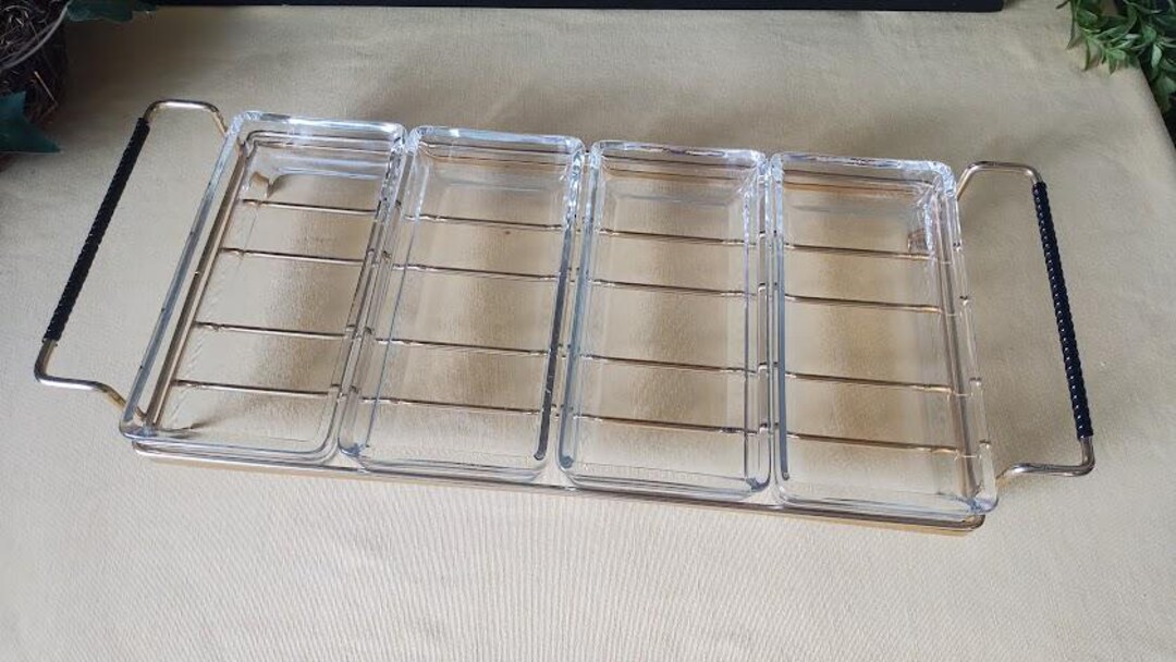1960s MCM Gold Metal Frame Tray W/ Four Clear Glass Inserts ~barware ...