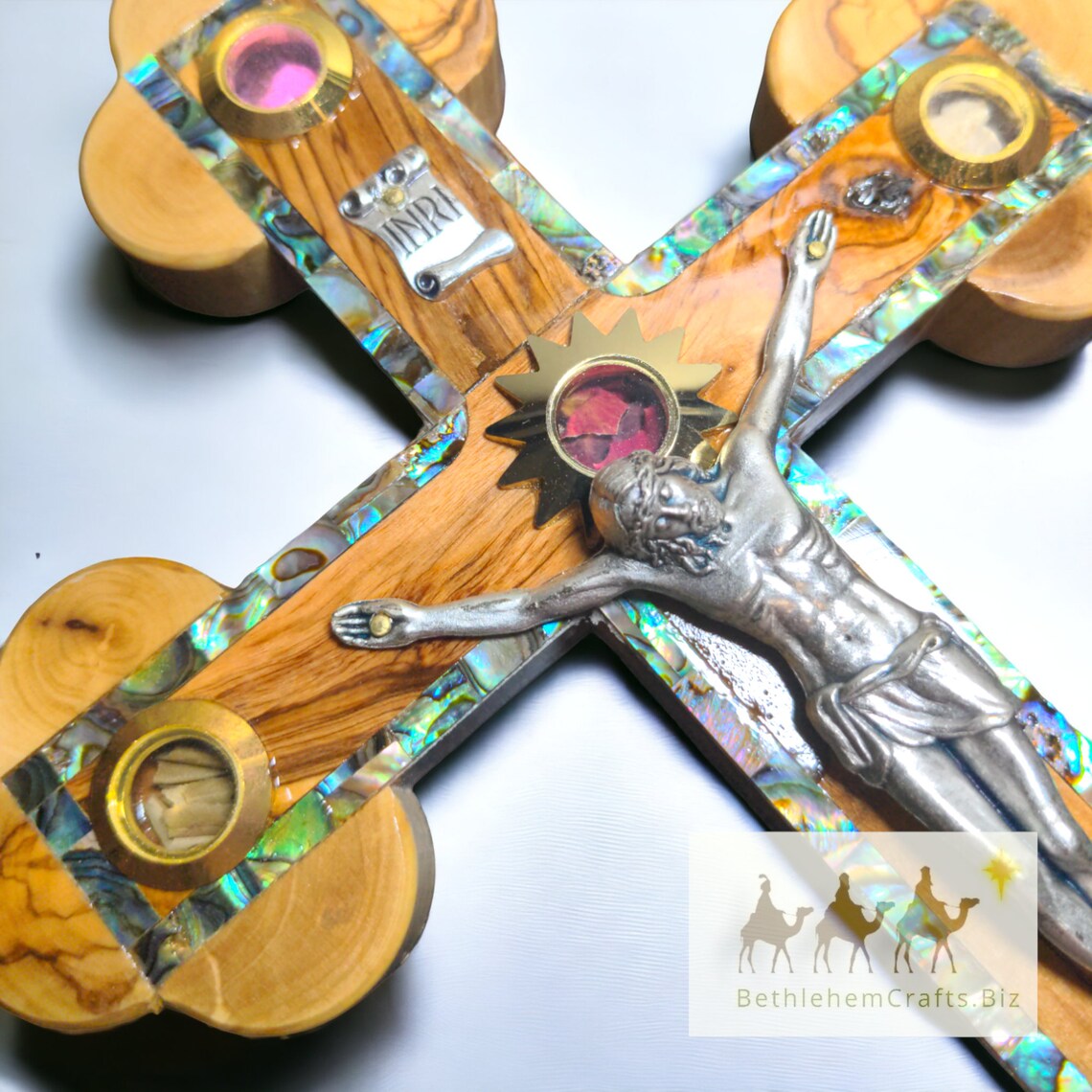 Olive Wood Wall Crucifix With Abalone and Relics From Holy Land, Wall ...