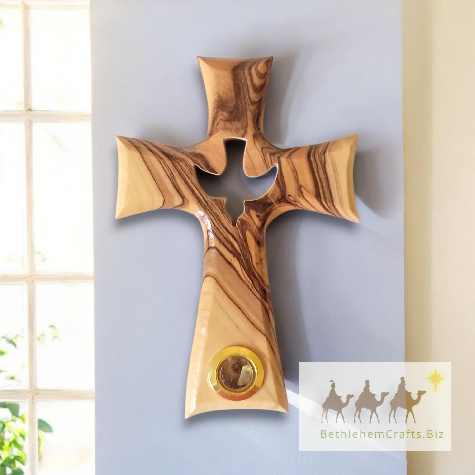 Olive Wood Cross With Holy Spirit Dove, Bethlehem Handcrafted Wall ...