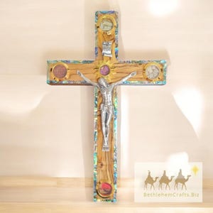 Olive Wood Wall Crucifix With Abalone and Relics From Holy Land, Wall ...