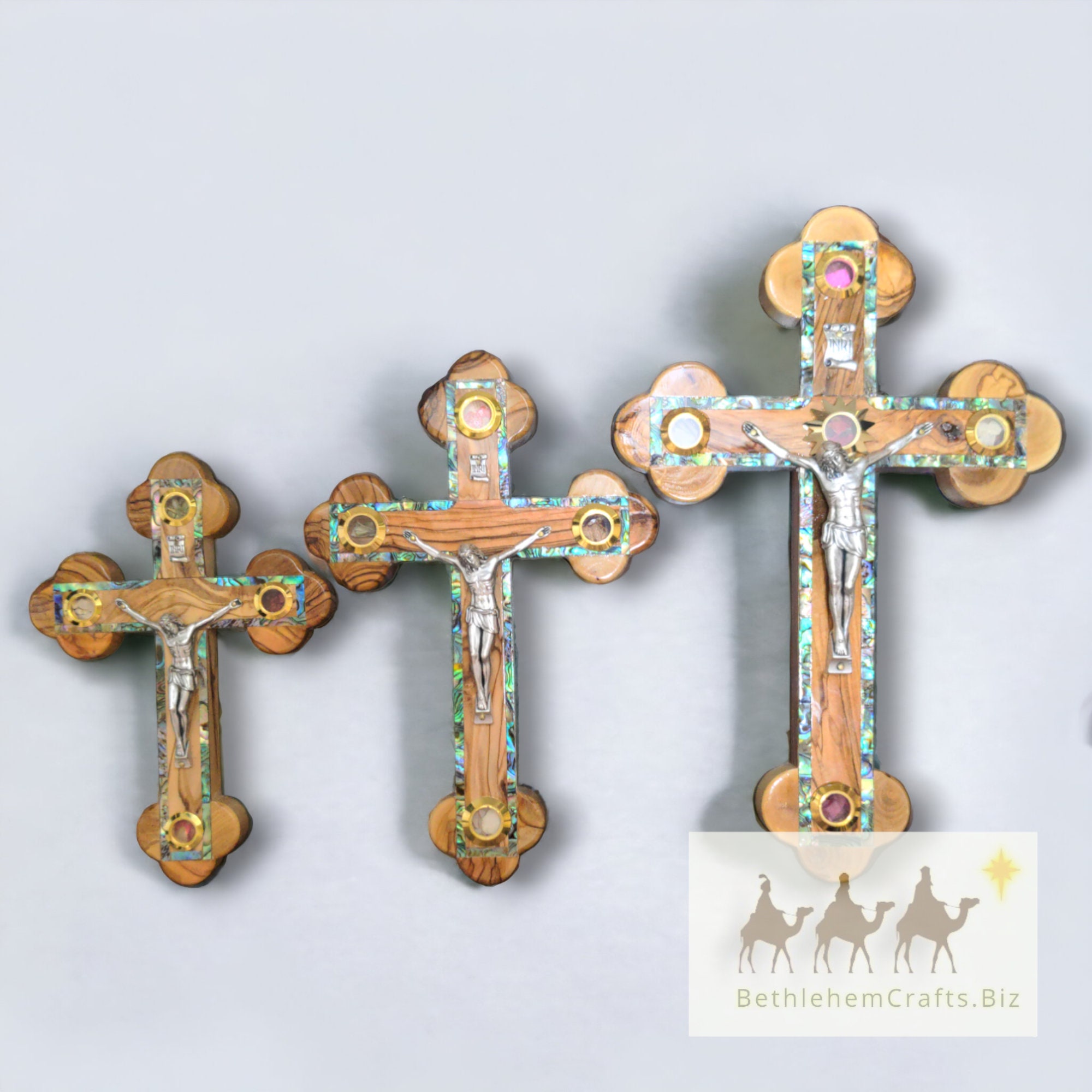 Olive Wood Wall Crucifix With Abalone and Relics From Holy Land, Wall ...