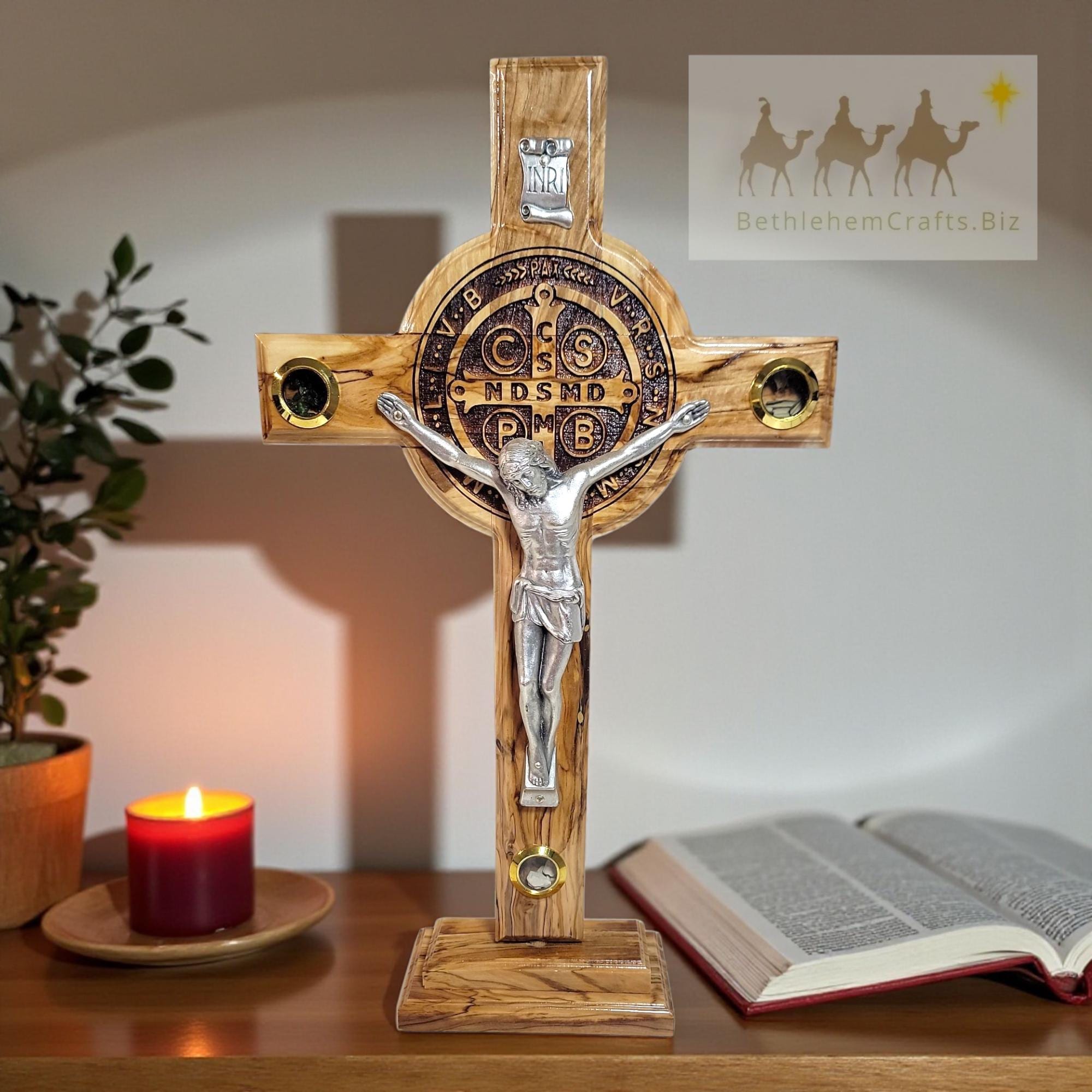 Large Saint Benedict Medal Olive Wood Standing Wall Cross - Benedictine ...