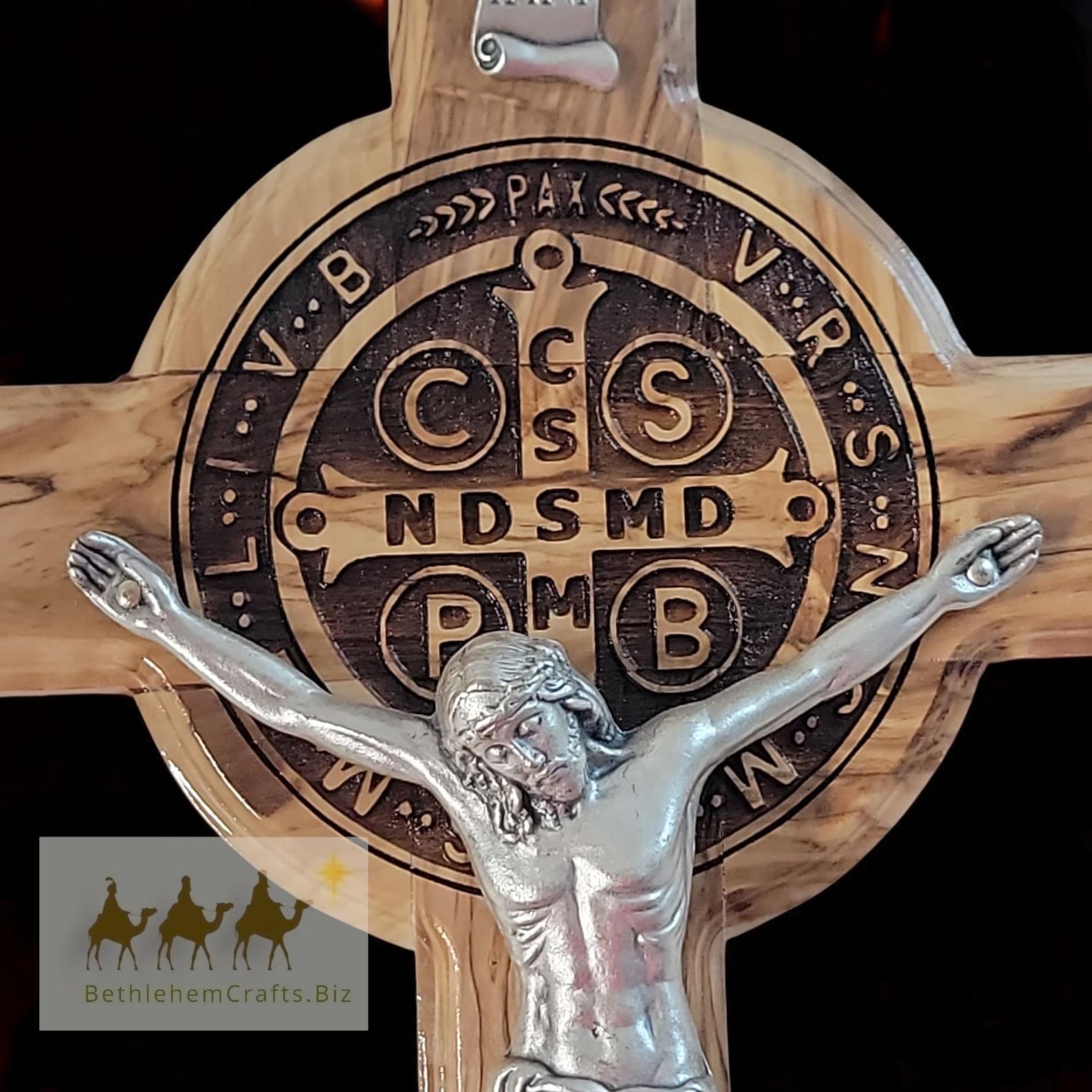 Large Saint Benedict Medal Olive Wood Standing Wall Cross - Benedictine ...
