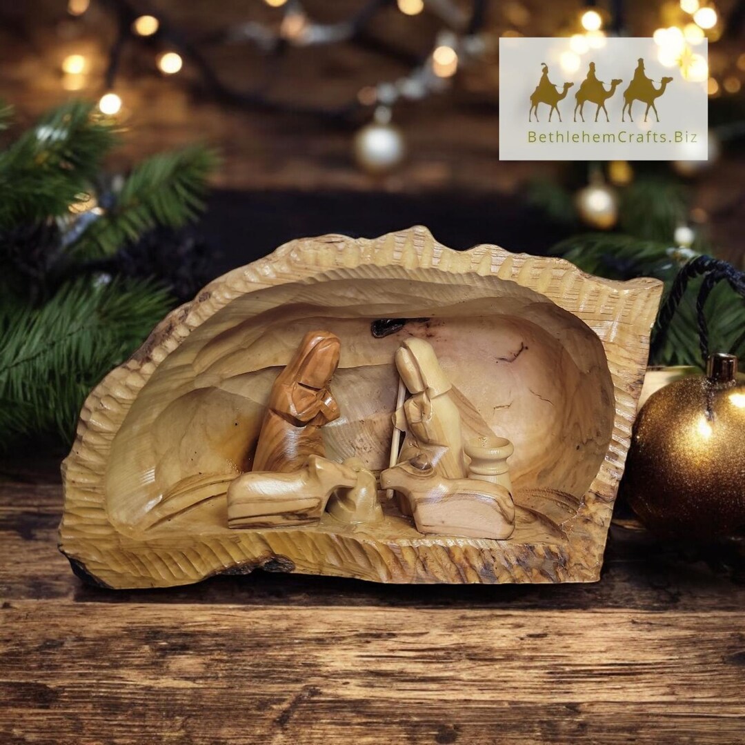 Handcrafted Nativity Set in a Rustic Olive Wood Branch, Christmas ...