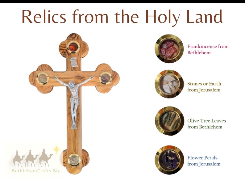 Olive Wood Wall Crucifix With Abalone and Relics From Holy Land, Wall ...