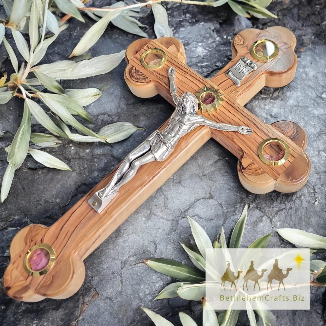 Handcrafted Olive Wood Wall Crucifix With Relics - Budded Apostles ...