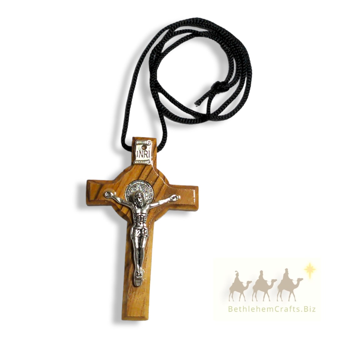 St. Benedict Medal Olive Wood Cross Necklace - Benedictine Crucifix Car ...