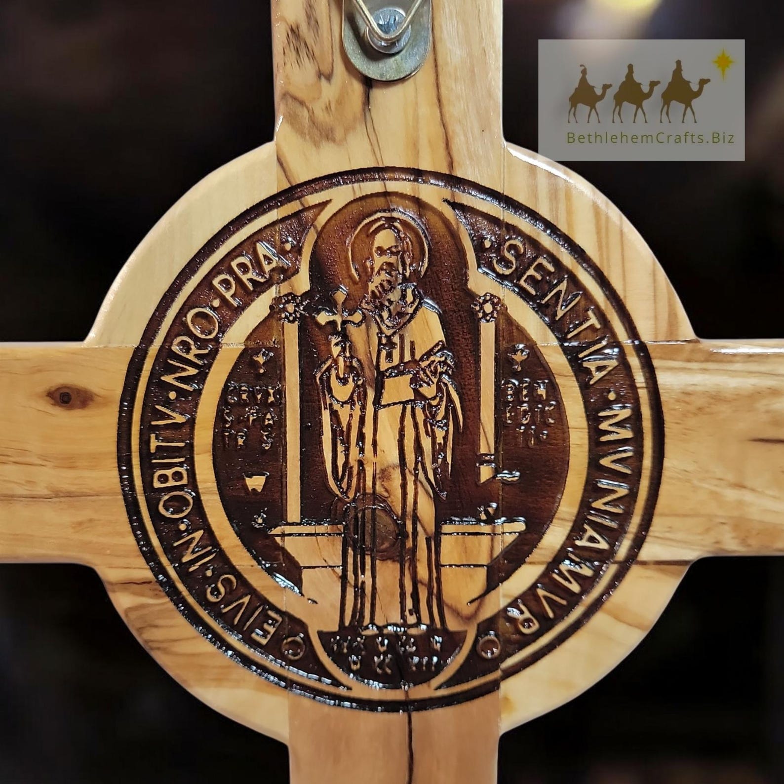 Large Saint Benedict Medal Olive Wood Standing Wall Cross - Benedictine ...