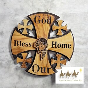 God Bless Our Home Jerusalem Cross Wall Hanging - Olive Wood Christian ...