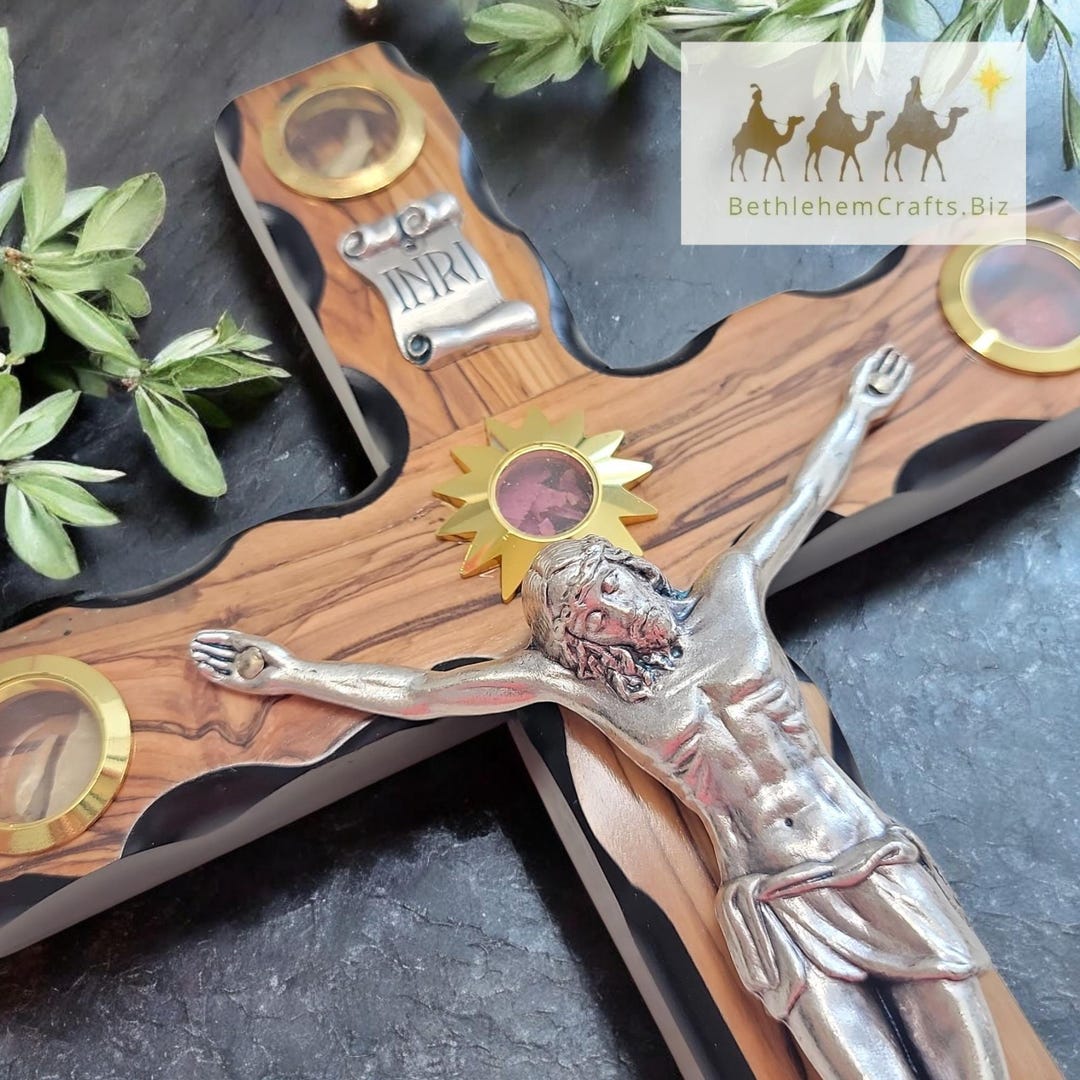 Black Trim Olive Wood Wall Crucifix - Men's Latin Cross With Holy Land ...