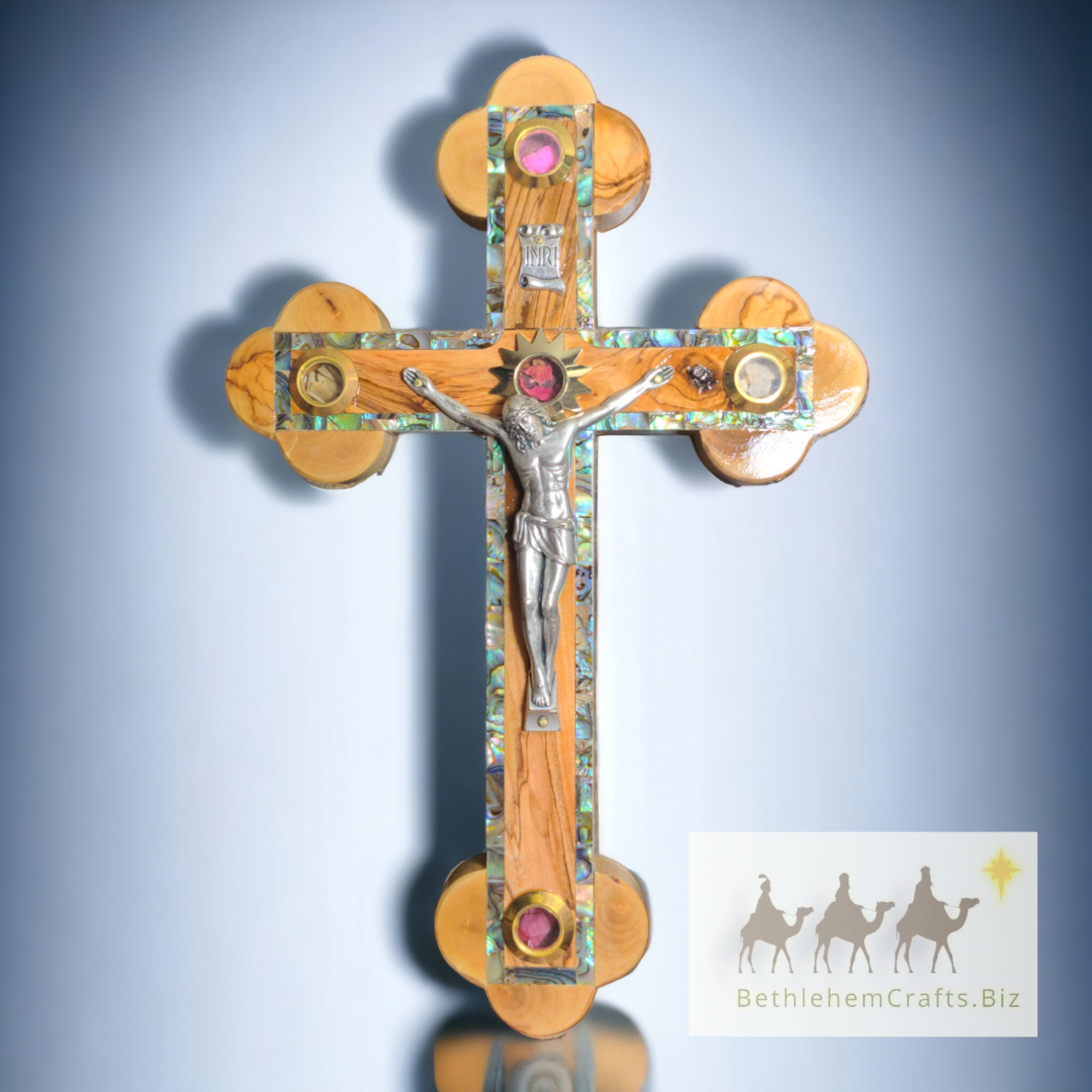 Olive Wood Wall Crucifix With Abalone and Relics From Holy Land, Wall ...
