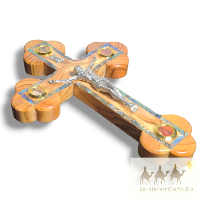 Olive Wood Wall Crucifix With Abalone and Relics From Holy Land, Wall ...