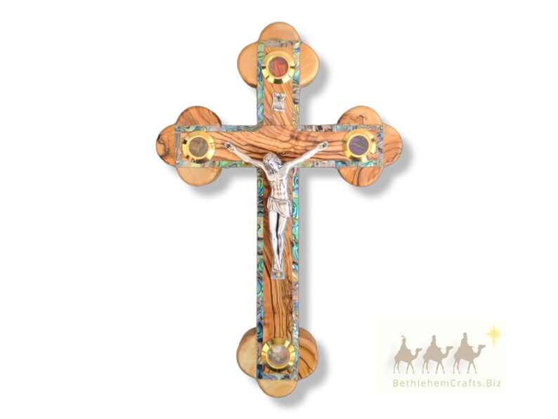 Olive Wood Wall Crucifix With Abalone and Relics From Holy Land, Wall ...