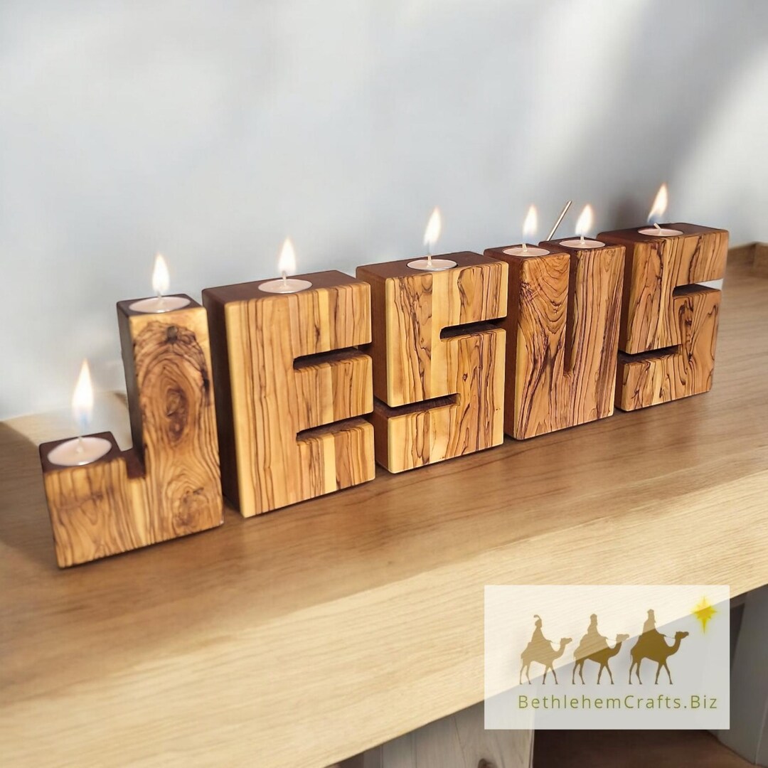 Large Olive Wood Jesus Name Sign With Candleholders - Unique Jesus ...