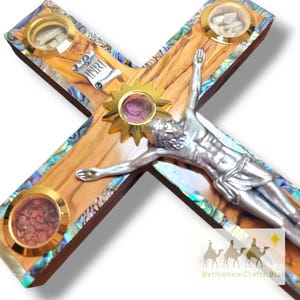 Olive Wood Wall Crucifix With Abalone and Relics From Holy Land, Wall ...