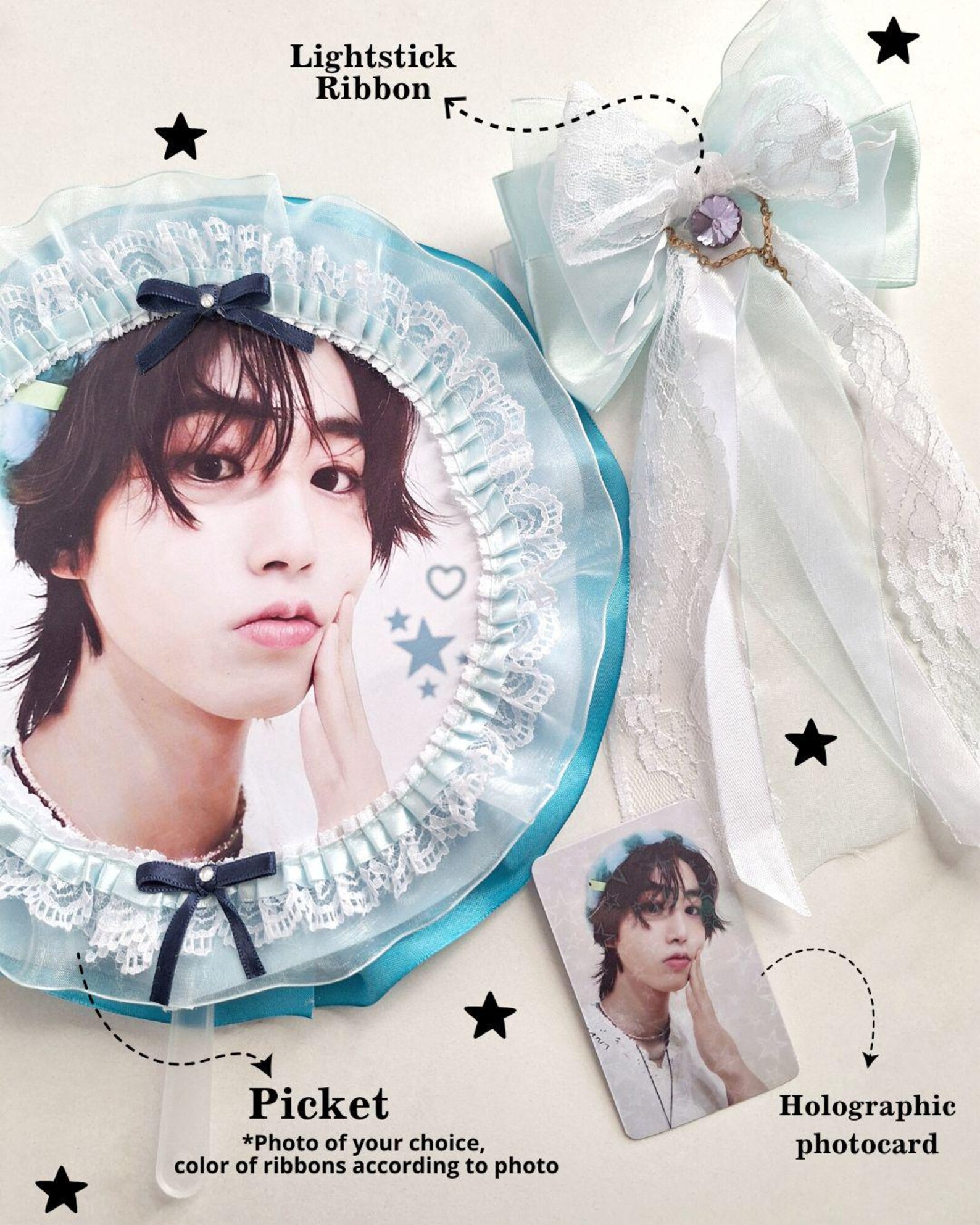 Custom Kpop Cheer Set: Picket + Lightstick Ribbon + Fanmade Photocard ...
