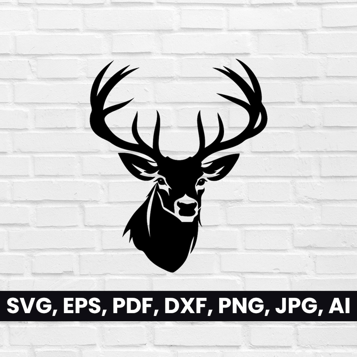 Deer Head Silhouette, Stag Shape SVG, Pdf, Dxf, Png, Deer With Antlers Face Clipart, Vector, T ...