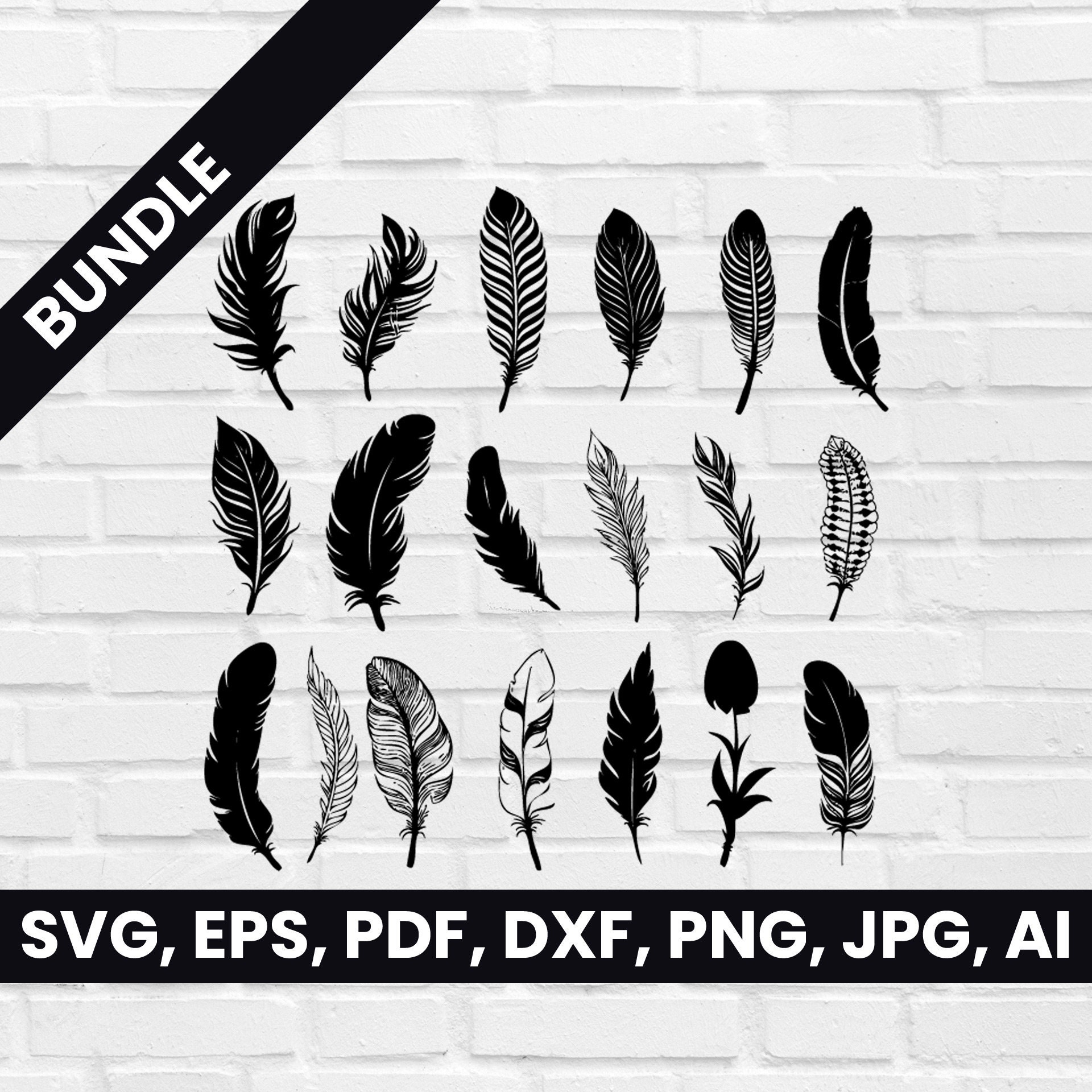 19 Feathers Bundle Silhouette Pack, Birds Feather Shape SVG, Pdf, Dxf ...