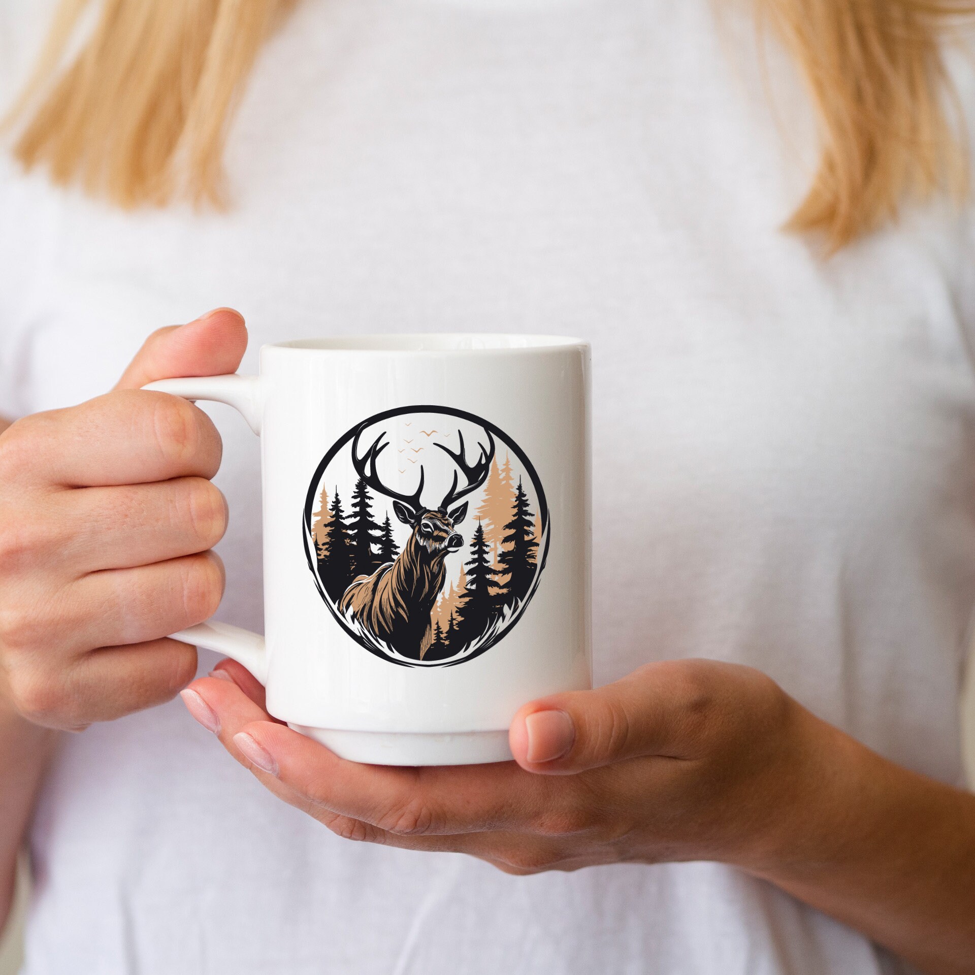 Deer With Antlers in Forest Silhouette, Color Stag Vector Shape SVG ...