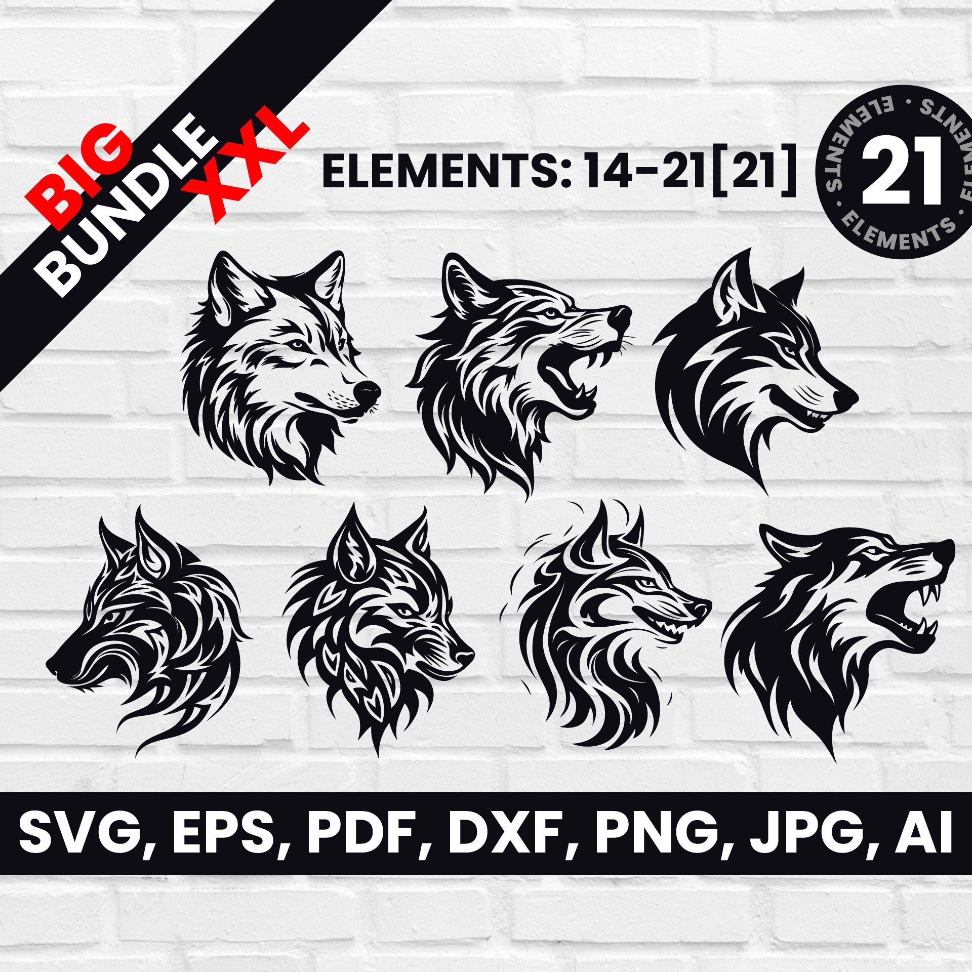 BIG Wolf Head Bundle Silhouette Pack, Wolf Face SVG, Pdf, Dxf, Png ...