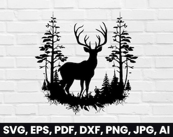 Deer With Antlers in Forest Silhouette, Color Stag Vector Shape SVG ...