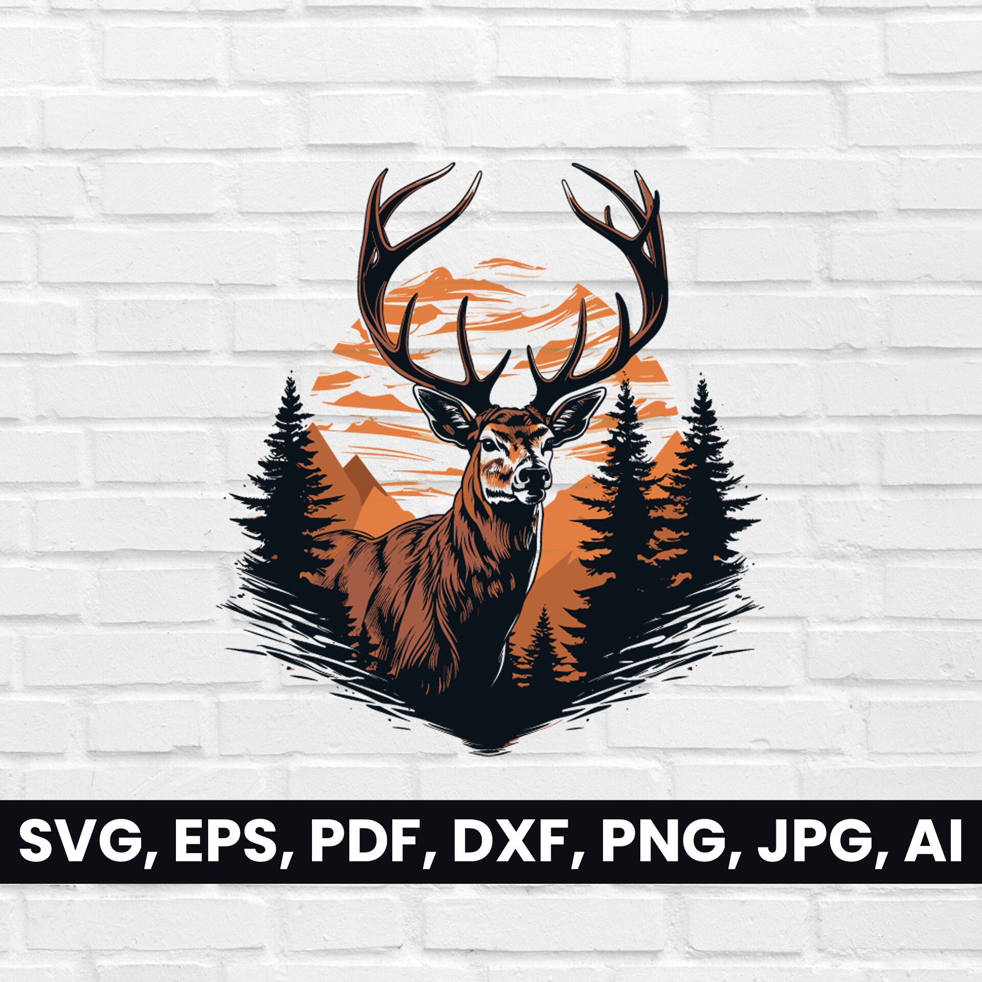 Deer With Antlers in Forest Silhouette, Color Stag Vector Shape SVG ...