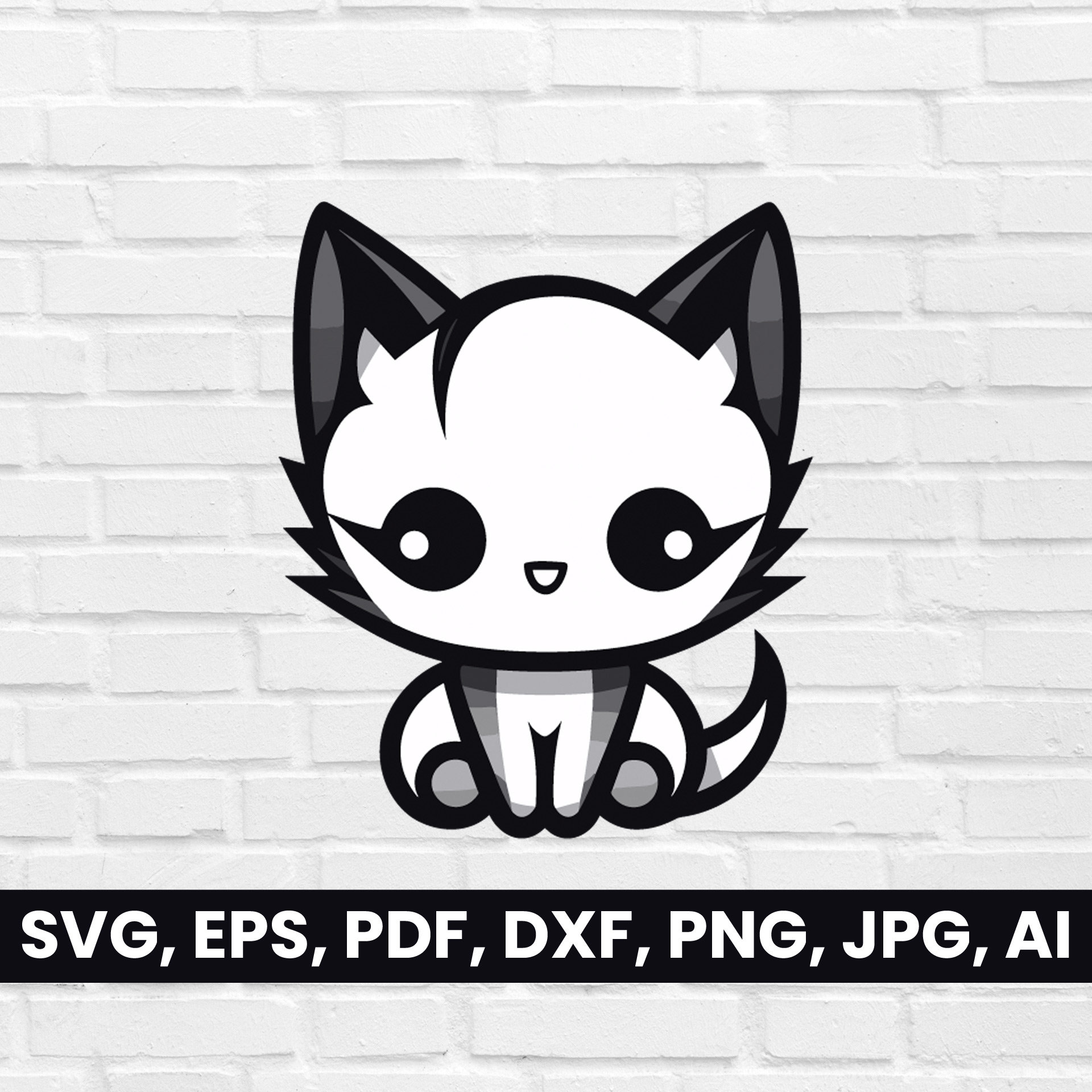 Cute Chibi Cat Silhouette, Baby Kawaii Cat Illustration, SVG, Pdf, Dxf ...