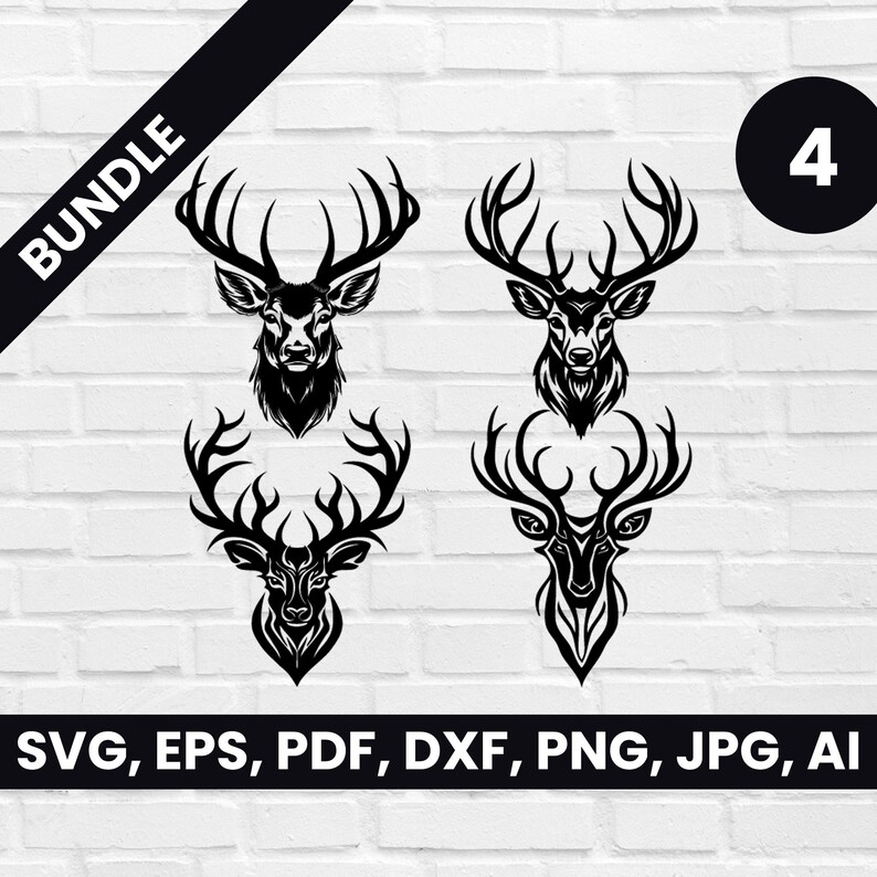Deer Bundle Silhouette Pack, Deer Head With Antlers Shape SVG, Pdf, Dxf ...