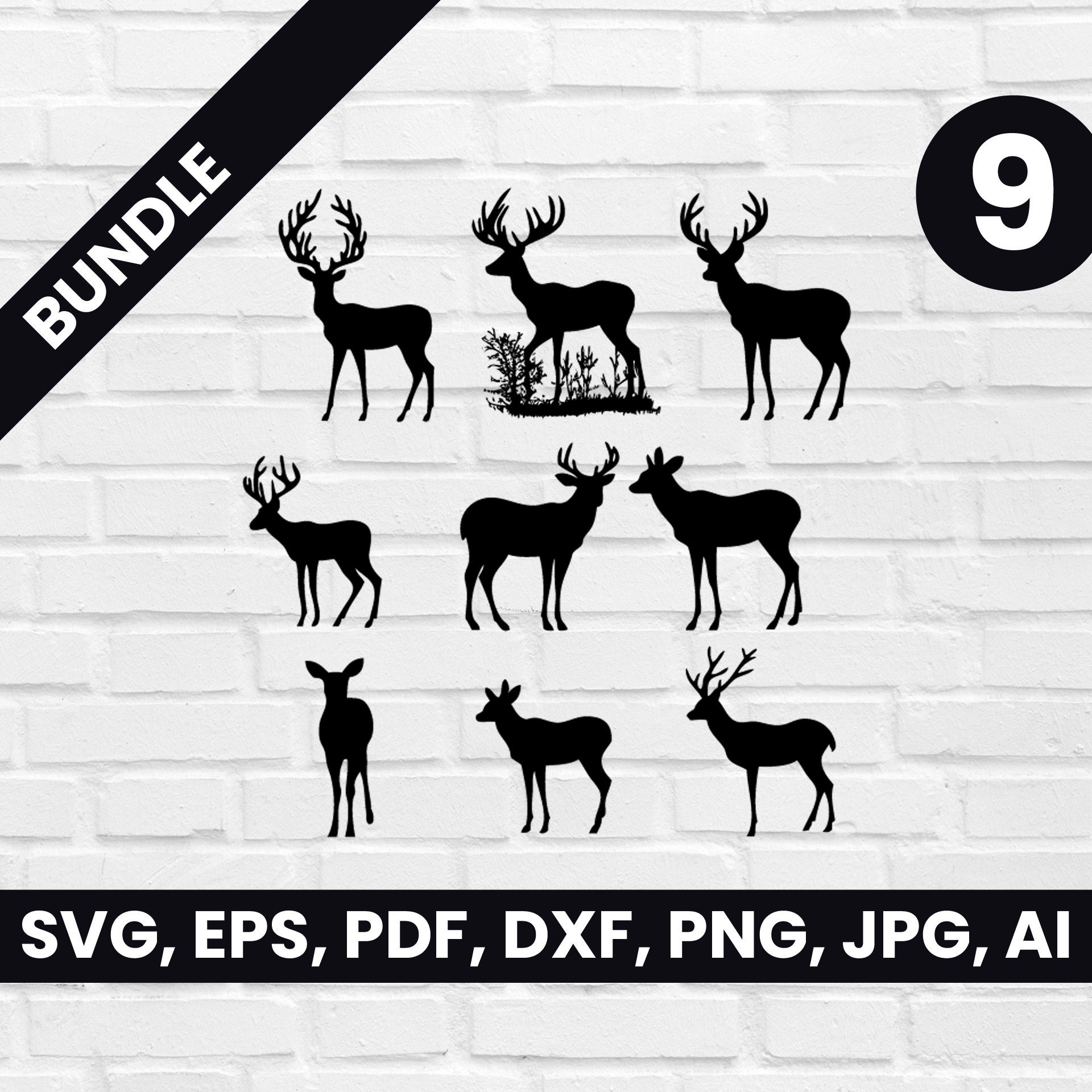 Deer Bundle Silhouette Pack, Stag Shape SVG, Pdf, Dxf, Png, Deer ...